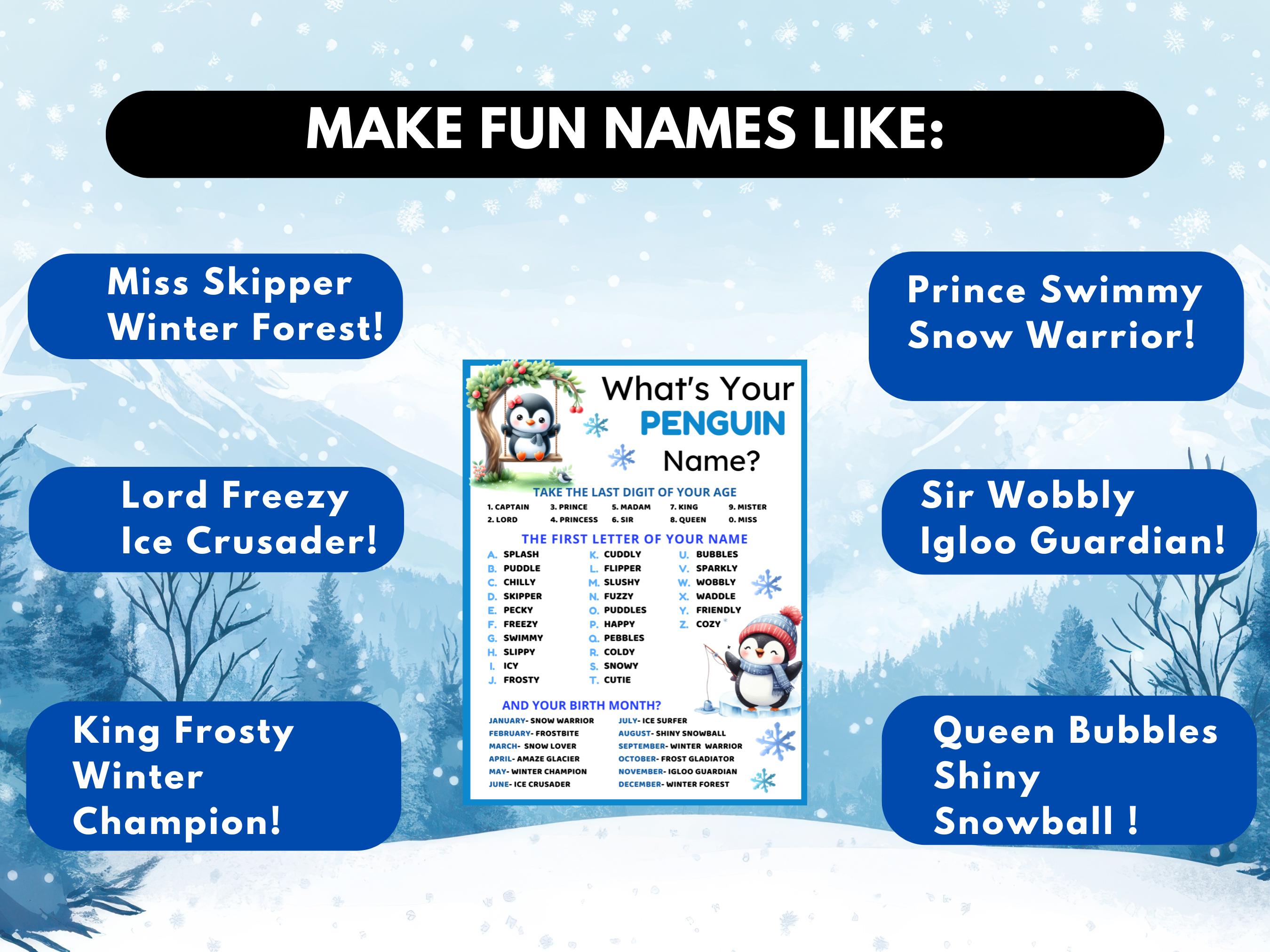 What's Your Penguin Name Game With Name Tags & Penguin Sign, Penguin ...