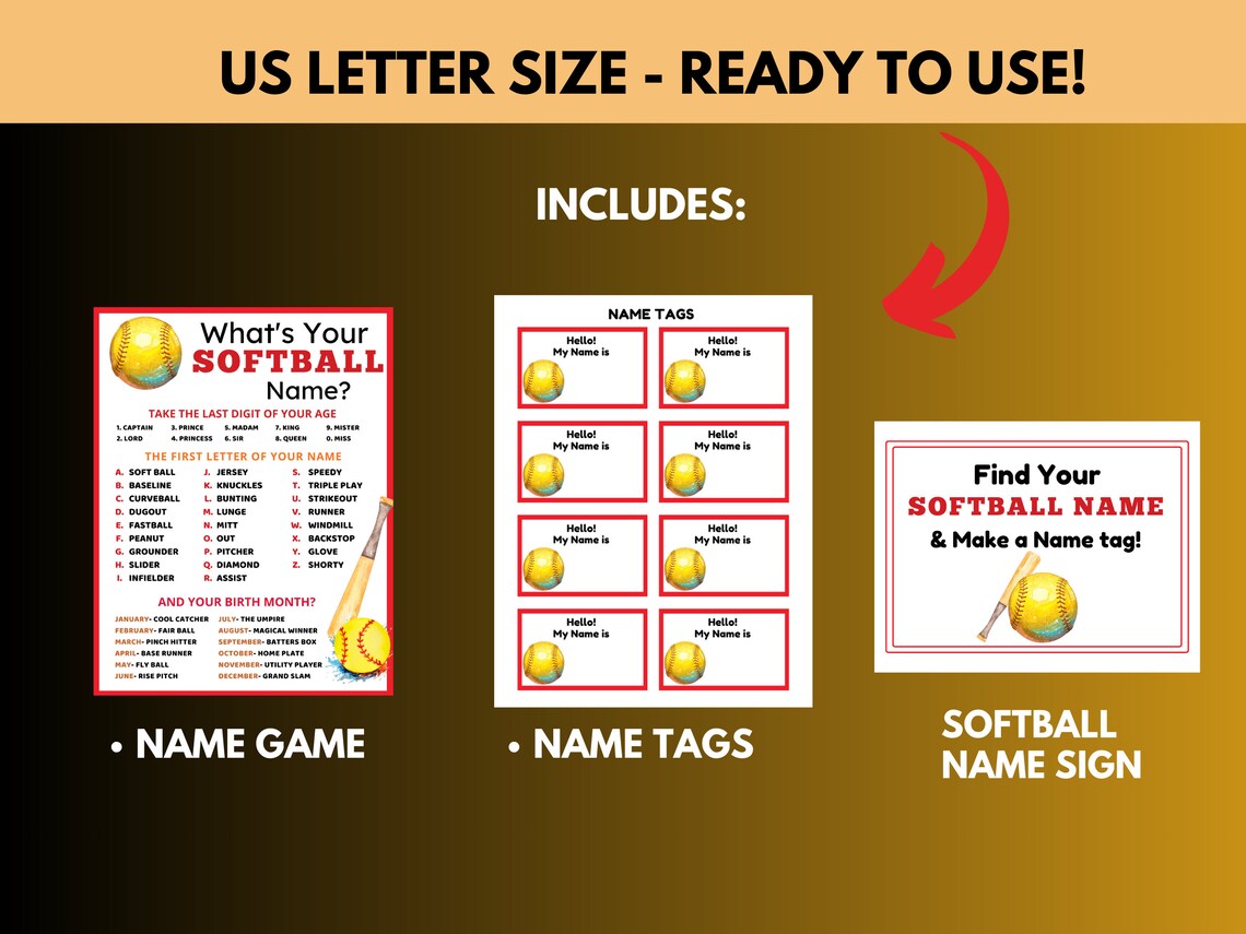What's Your Softball Name Game With Name Tags & Softball Sign, Softball ...