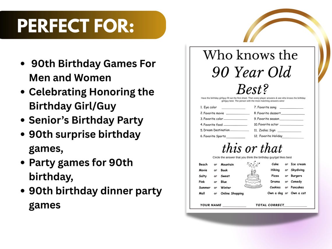 Who Knows the 90 Year Old Best, 90th Birthday Party Games, Printable ...