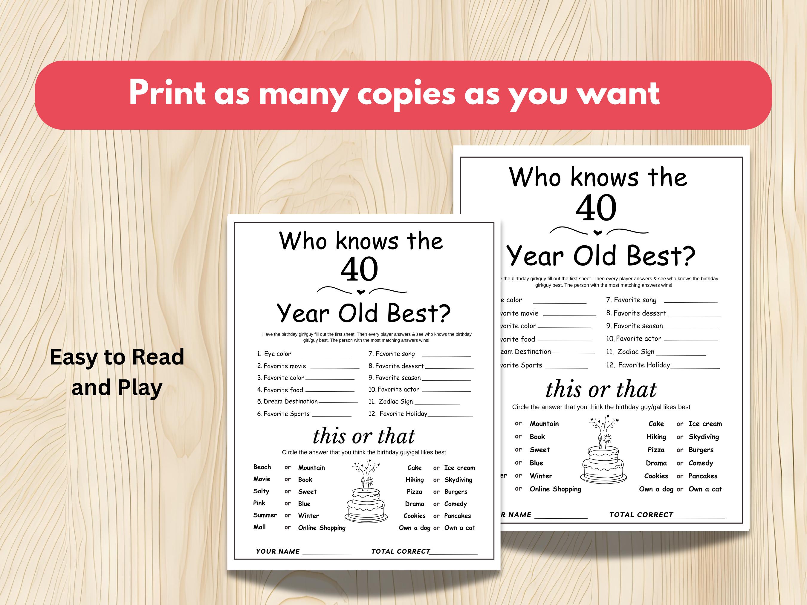 Who Knows the 40 Year Old Best Game, 40th Birthday Game, Printable ...