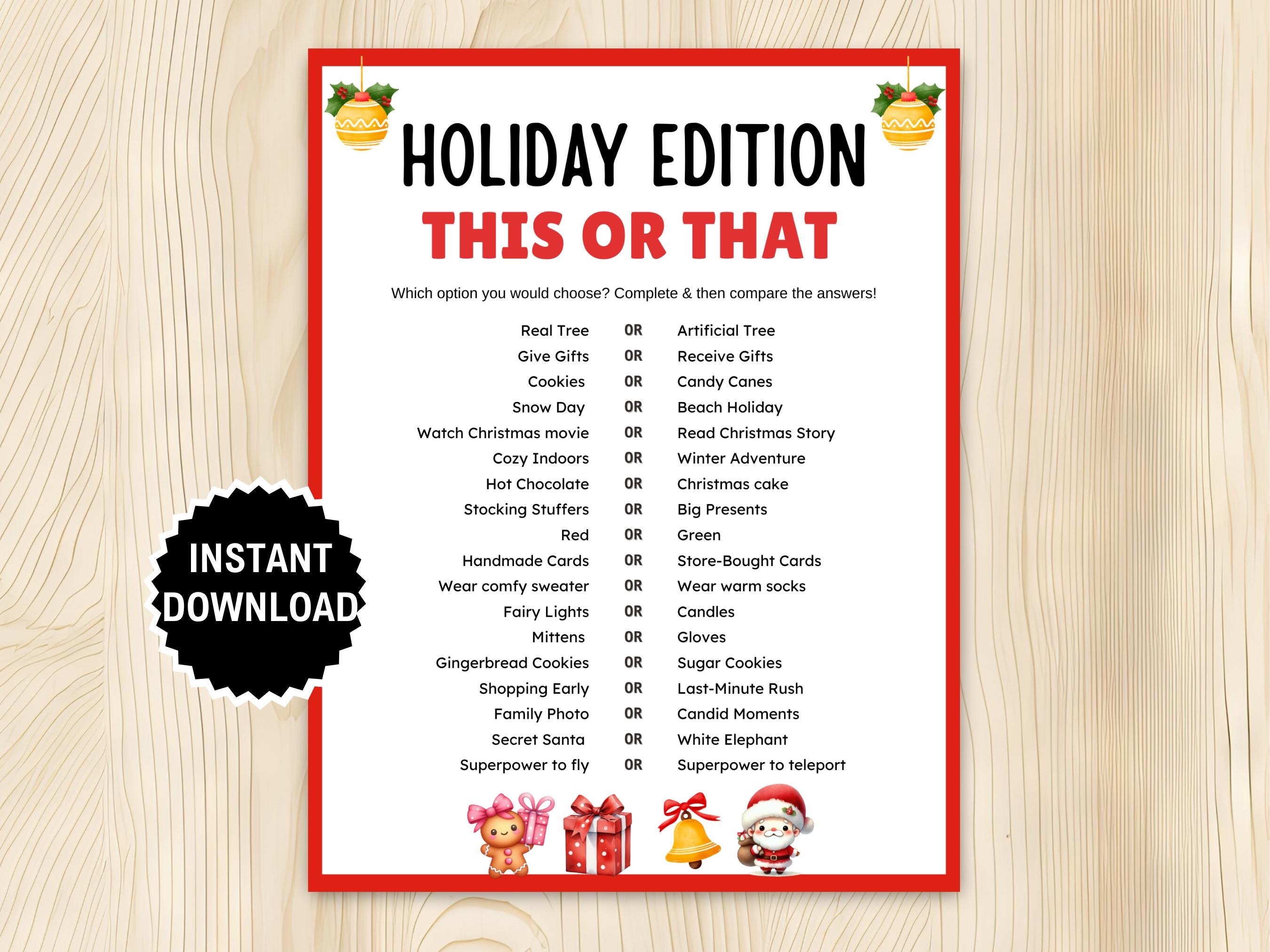 This or That Christmas Game, Holiday Edition This or That, Family ...