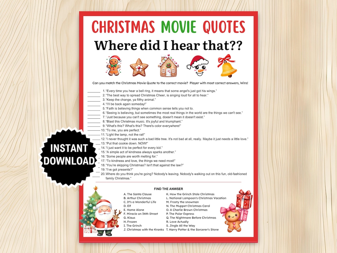 Christmas Movie Quotes Trivia Game, Christmas Family Game, Xmas Movie ...