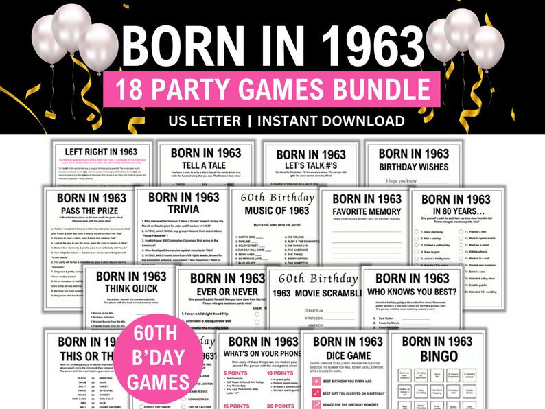 60th Birthday Party Games Born in 1963 Game 1963 Games, 1963 Birthday ...