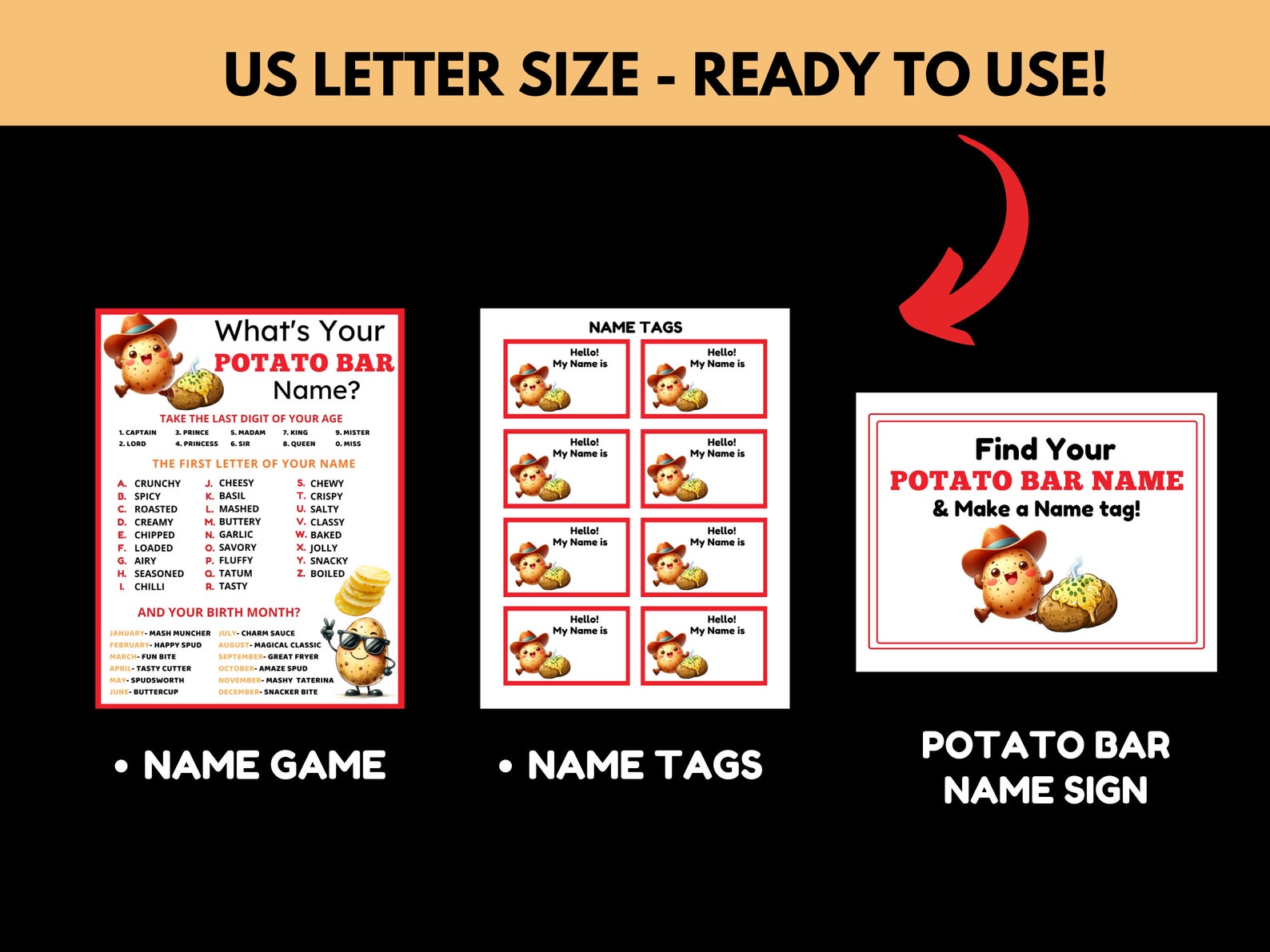 What's Your Potato Bar Name Game With Name Tags+ Sign, Potato Bar Party ...