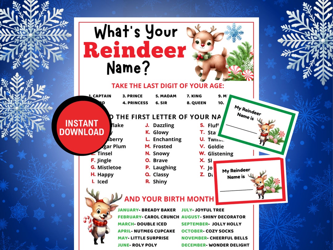 What's Your Reindeer Name + Name Tags & Sign, Funny Christmas Printable ...