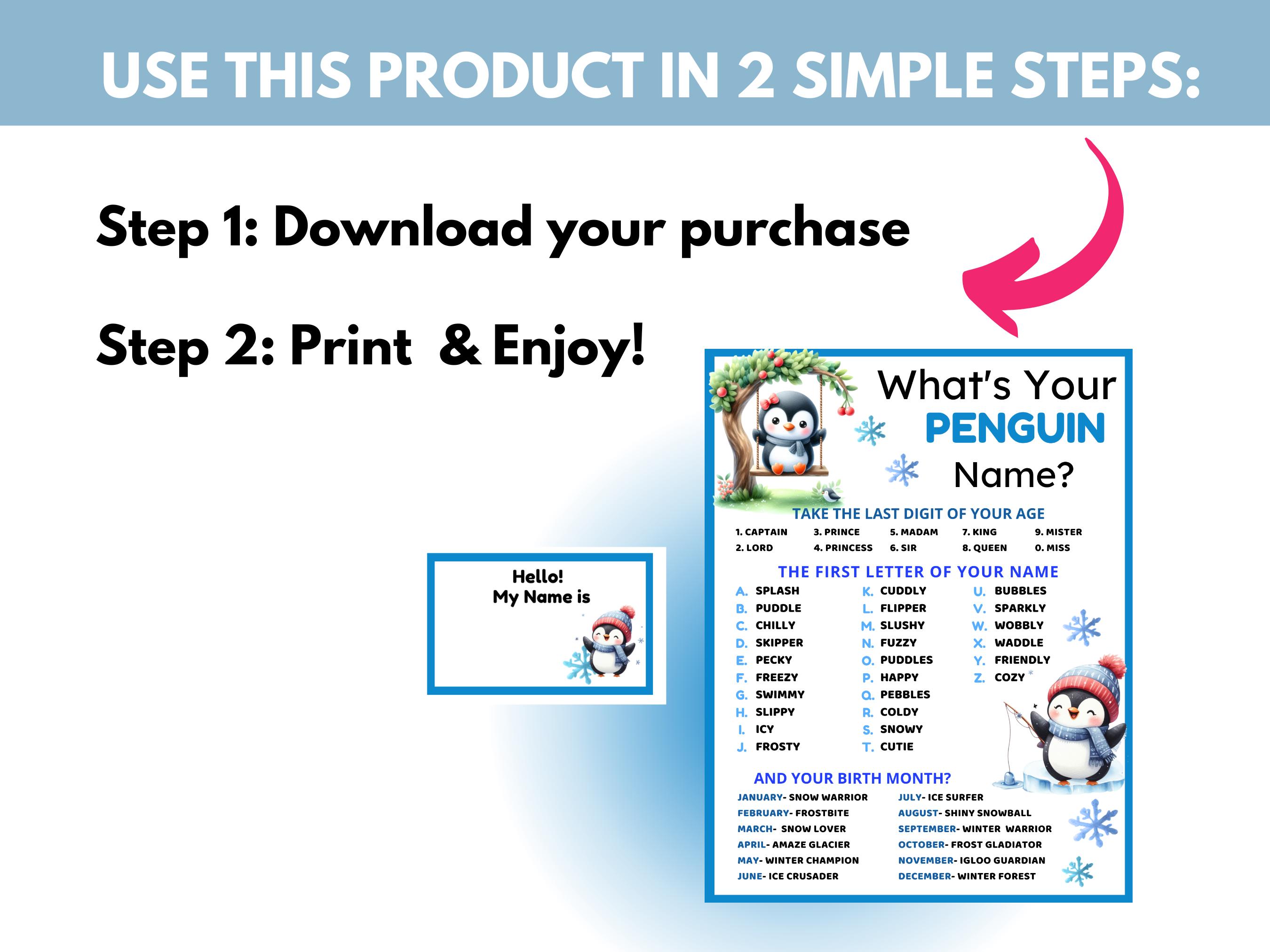 What's Your Penguin Name Game With Name Tags & Penguin Sign, Penguin ...