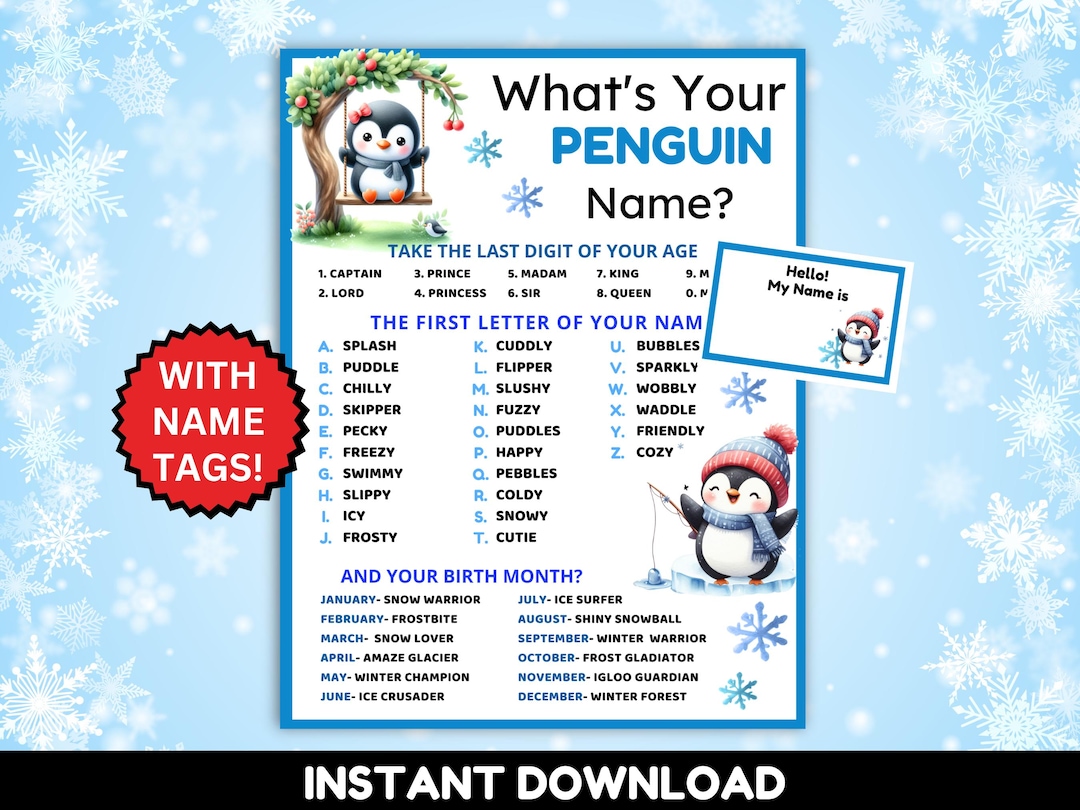 What's Your Penguin Name Game With Name Tags & Penguin Sign, Penguin ...