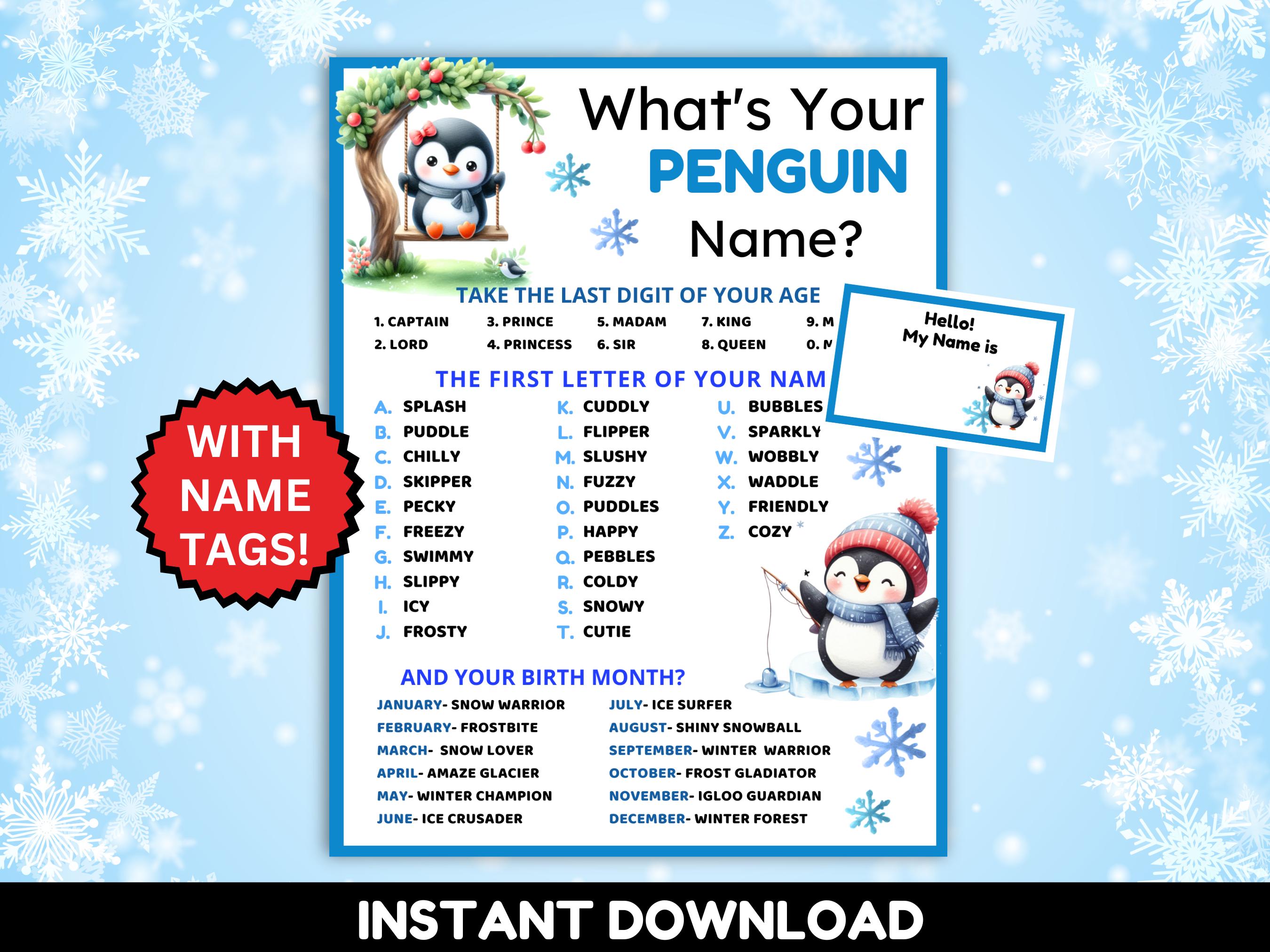 What's Your Penguin Name Game With Name Tags & Penguin Sign, Penguin ...