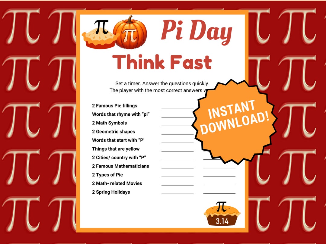Pi Day - Think Fast Game | Pi Day Classroom Game | Pi Party Printable ...