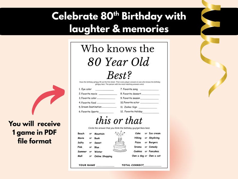 Who Knows the 80 Year Old Best Game, 80th Birthday Game Printable, 80th ...