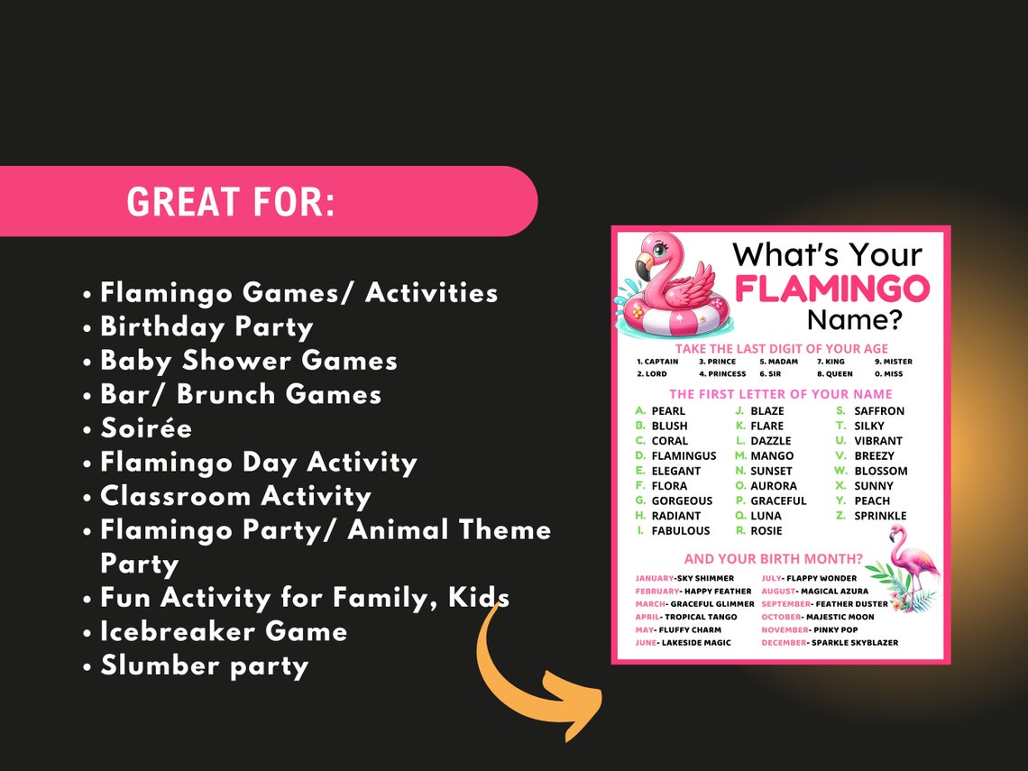 What's Your Flamingo Name Game With Name Tags + Flamingo Sign, Flamingo ...