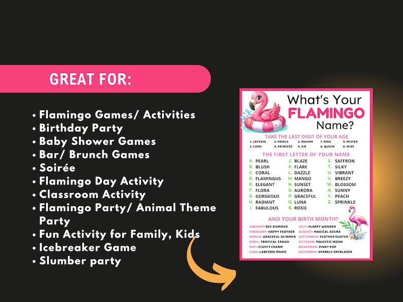 What's Your Flamingo Name Game With Name Tags + Flamingo Sign, Flamingo ...