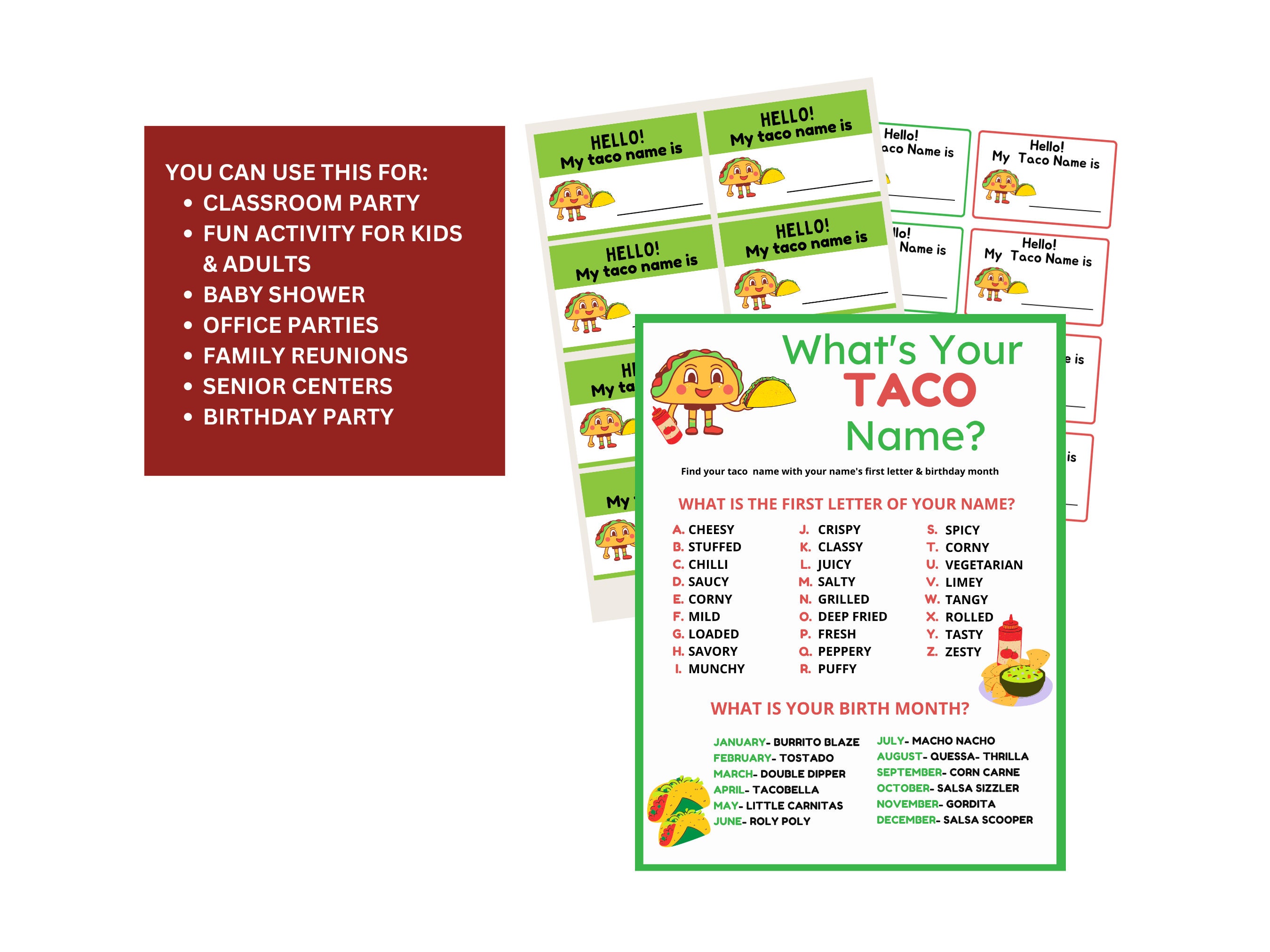 What's Your Taco Name Game, Taco Name Tags and Sign, Cinco De Mayo ...