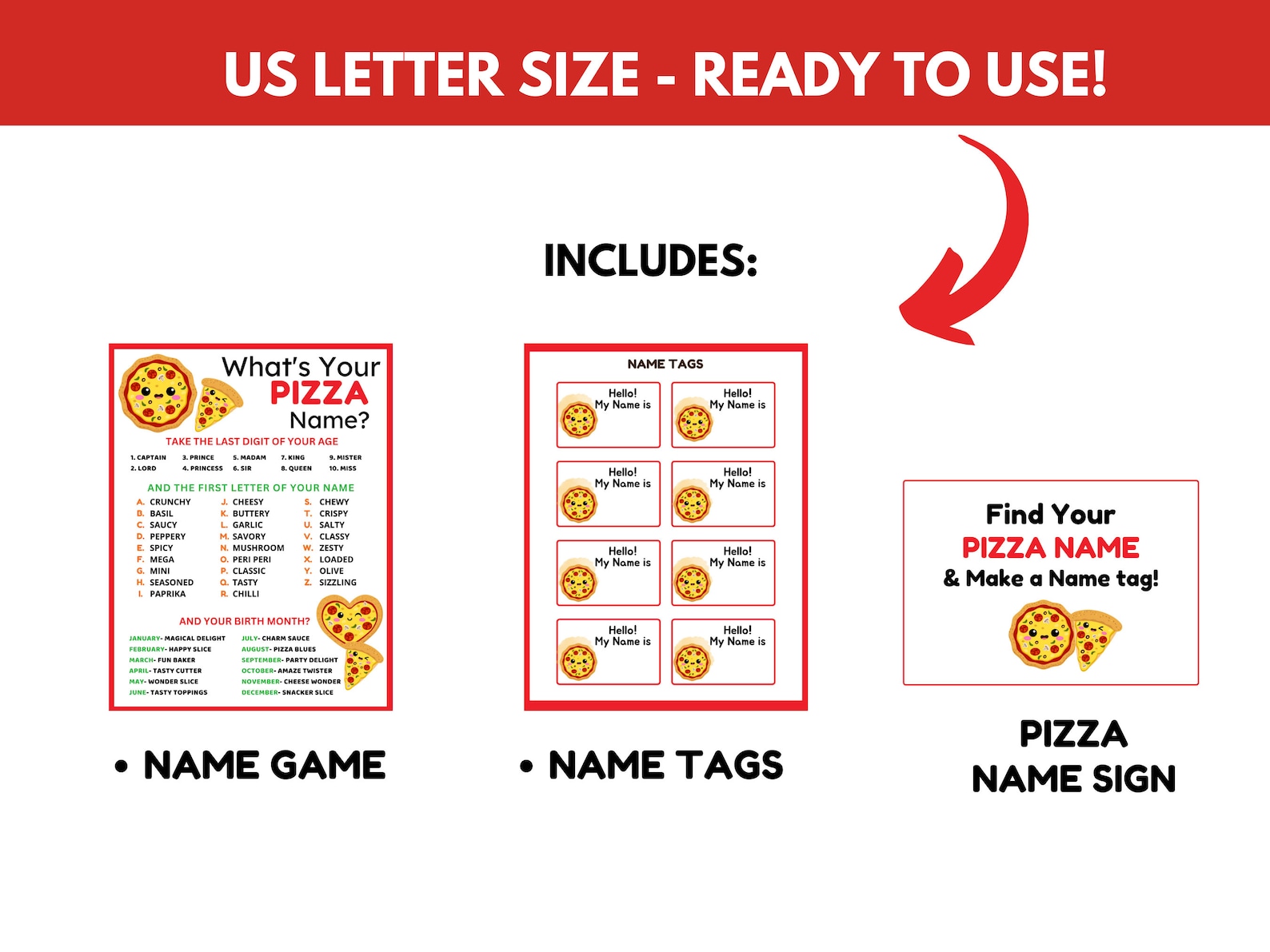 What's Your Pizza Name With Name Tags + Pizza Name Sign, Pizza Day ...
