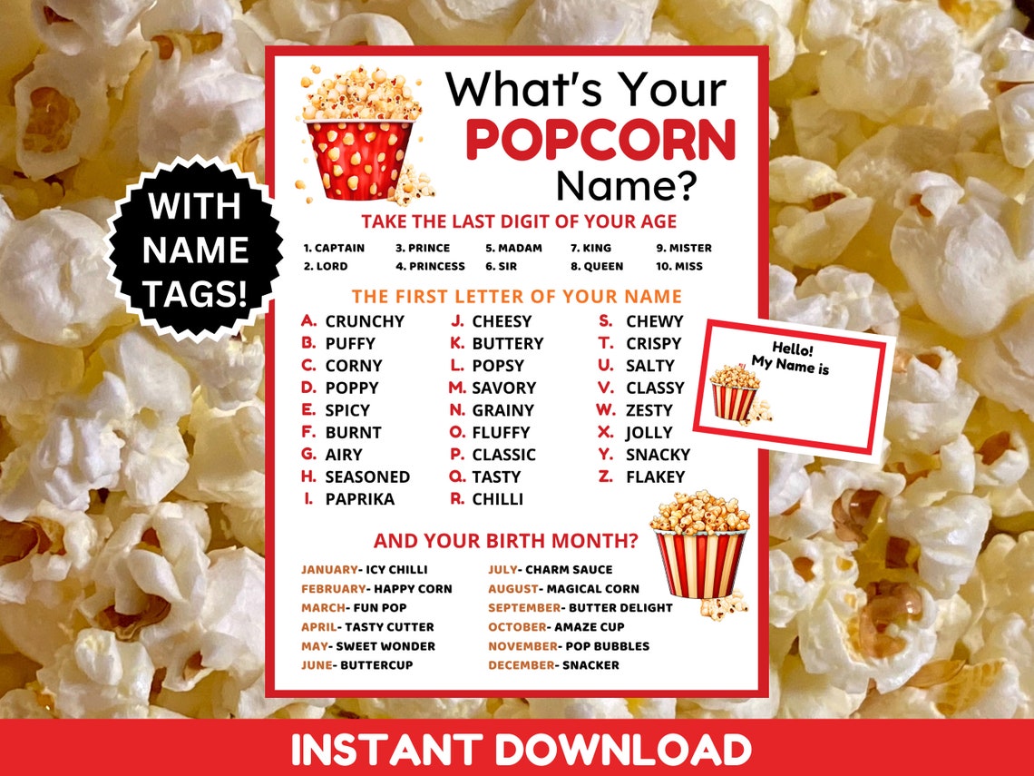 What's Your Popcorn Name Game With Name Tags + Popcorn Name Sign ...