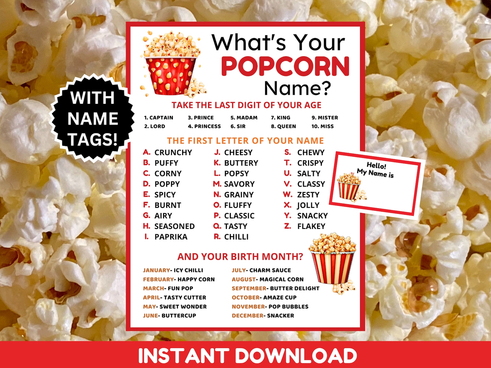 What's Your Popcorn Name Game With Name Tags + Popcorn Name Sign ...