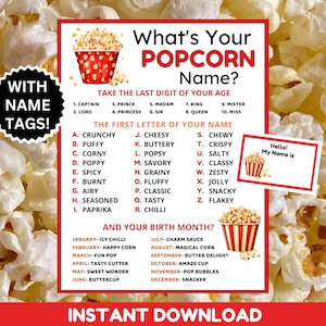 What's Your Popcorn Name Game With Name Tags + Popcorn Name Sign ...
