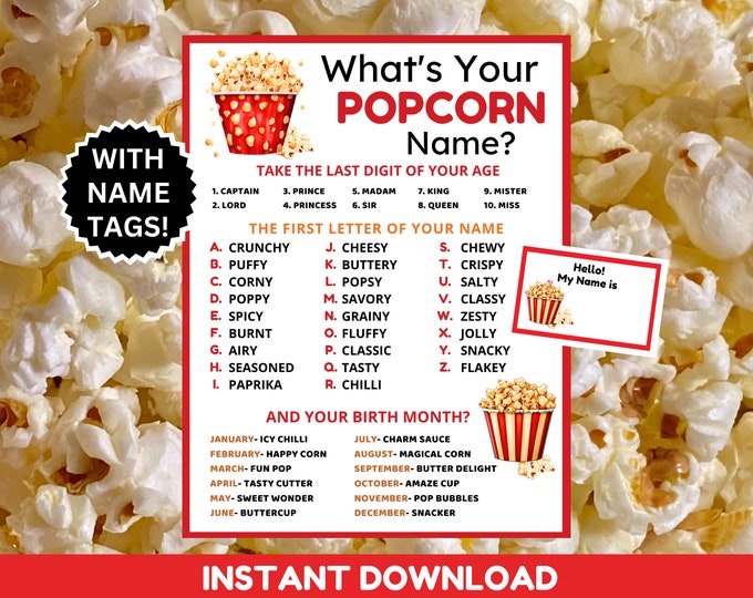 What's Your Popcorn Name Game With Name Tags + Popcorn Name Sign ...
