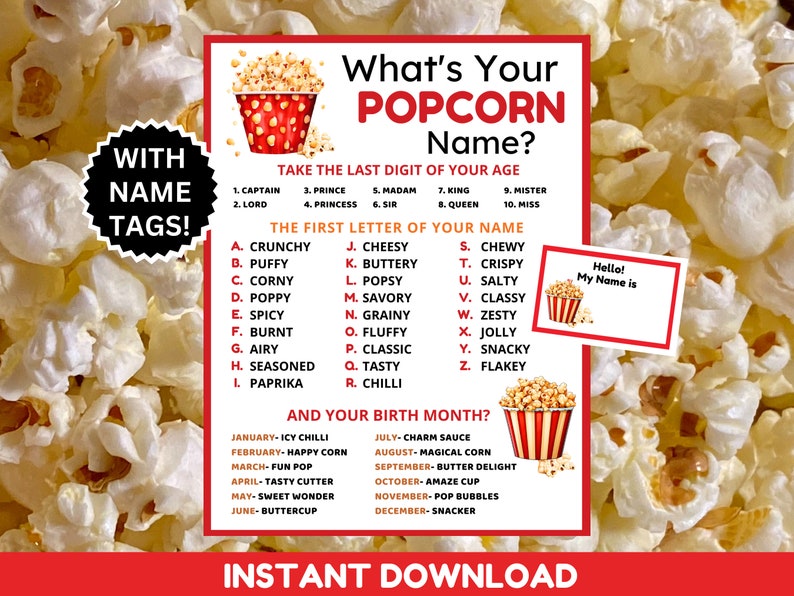 What's Your Popcorn Name Game With Name Tags + Popcorn Name Sign ...