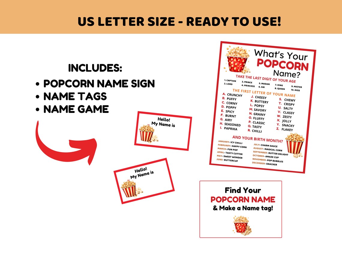 What's Your Popcorn Name Game With Name Tags + Popcorn Name Sign ...