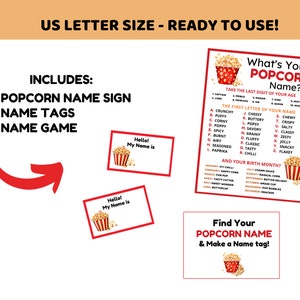 What's Your Popcorn Name Game With Name Tags + Popcorn Name Sign ...