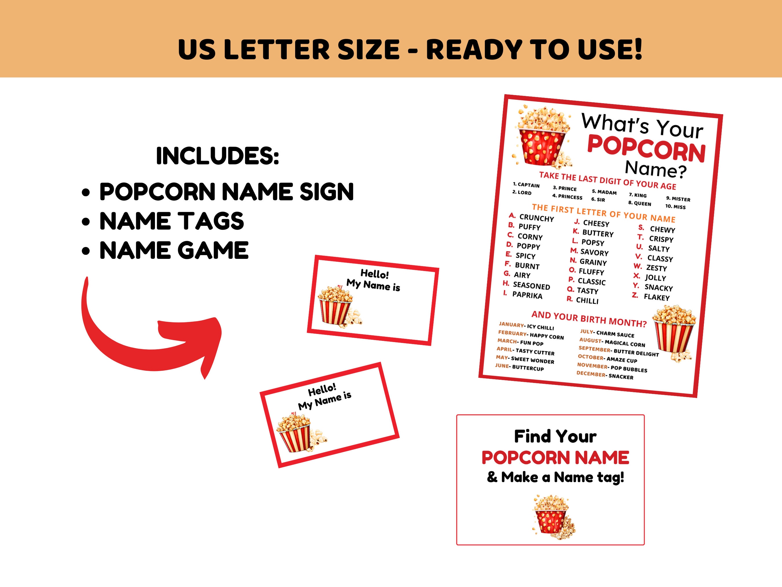 What's Your Popcorn Name Game With Name Tags + Popcorn Name Sign ...