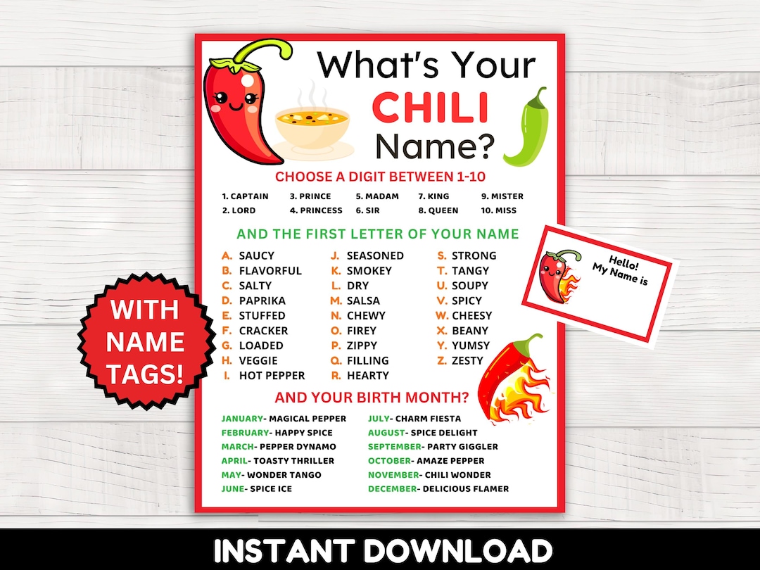 What's Your Chili Name Game With Name Tags + Sign, Chili Cookoff ...