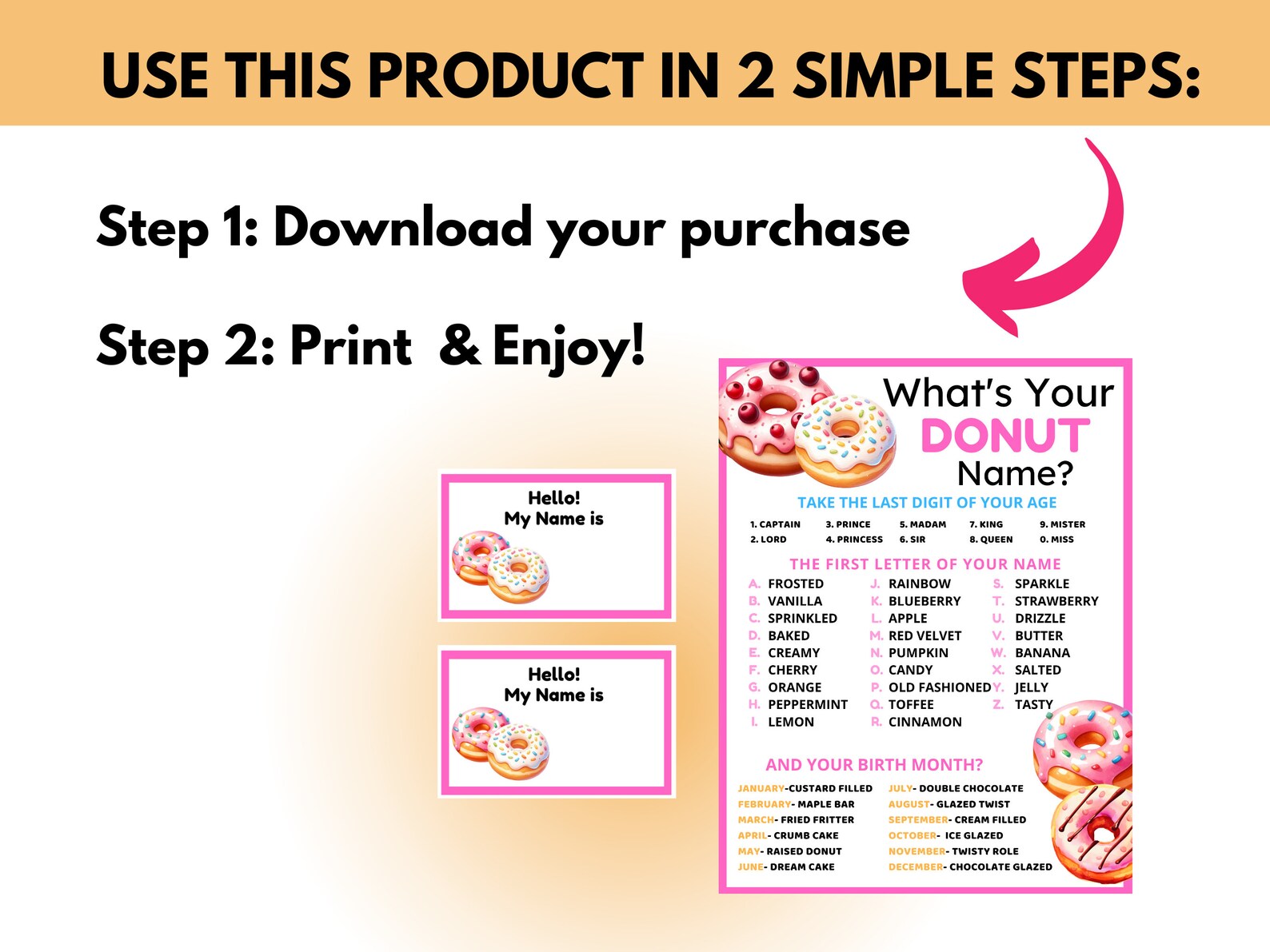 What's Your Donut Name Game With Name Tags + Donut Name Sign, Donut ...