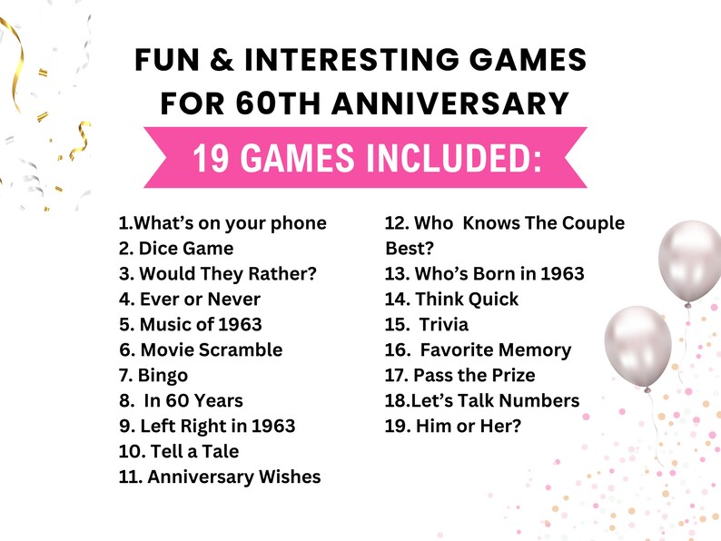 60th Wedding Anniversary Games, Married in 1963 Game, Printable 19 Game ...