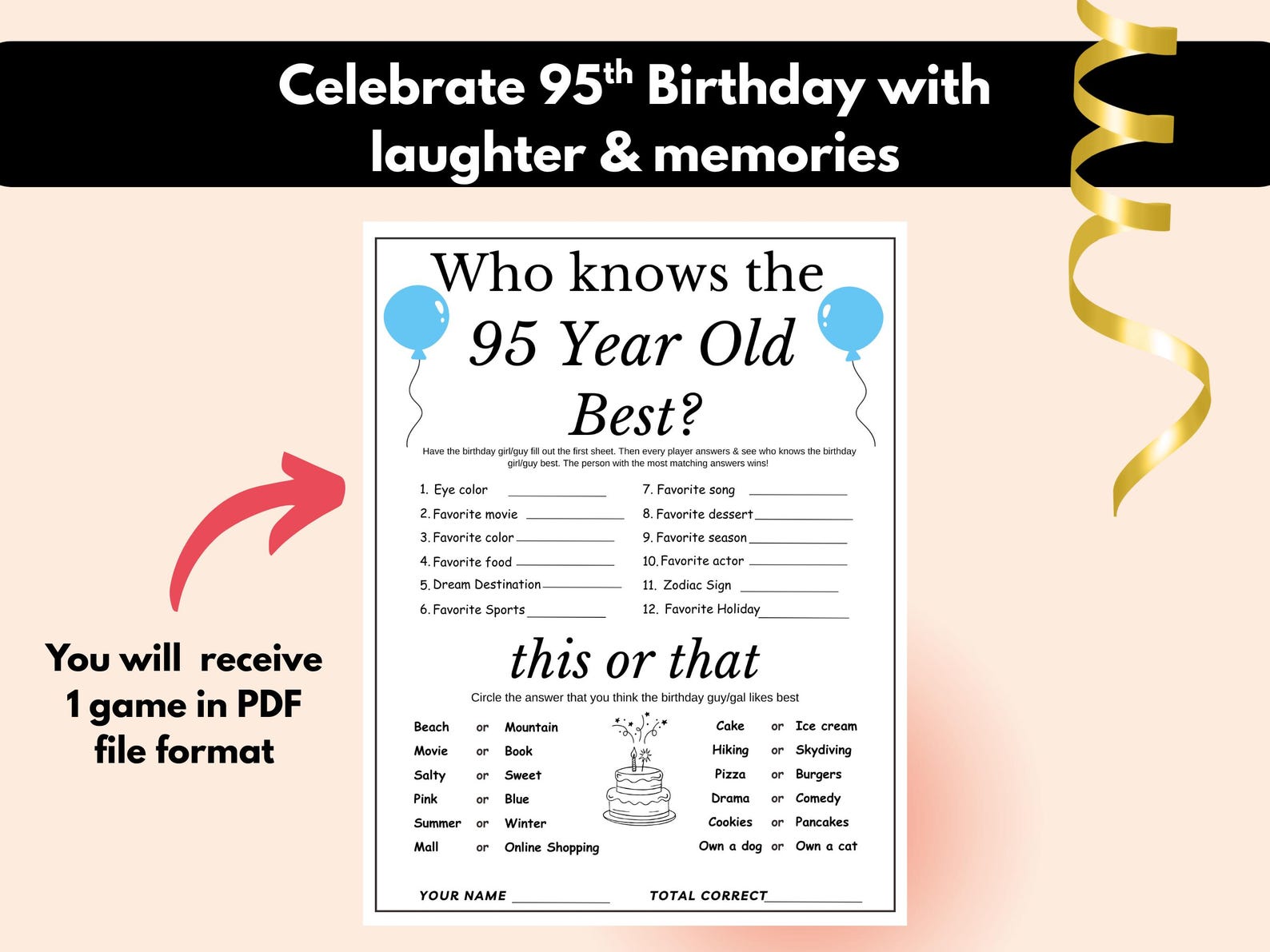 95th Birthday Games, Who Knows the 95 Year Old Best, 95th Party Game ...