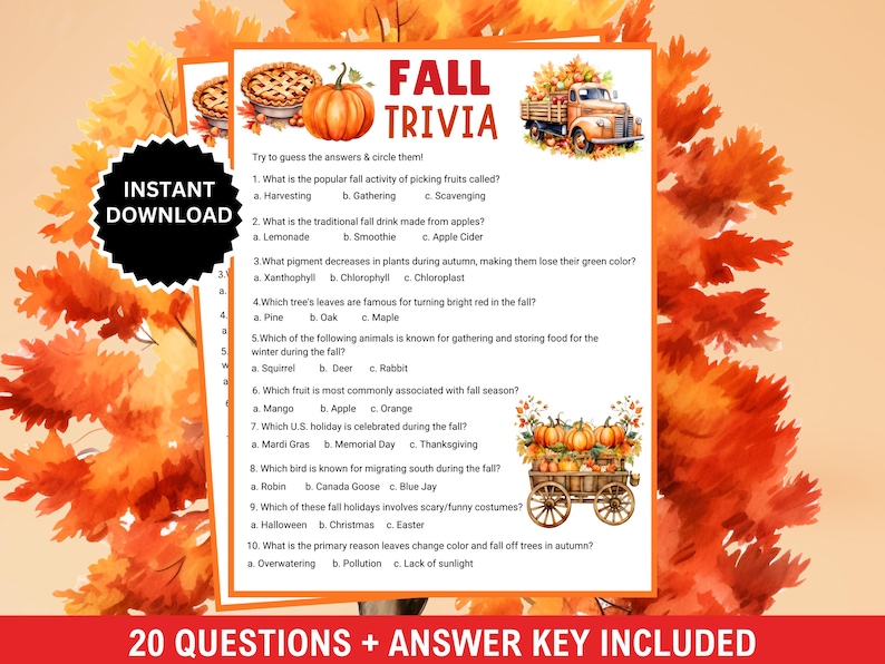 Fall Trivia Game, Autumn Themed Quiz, Fun Fall Activity for Kids and ...
