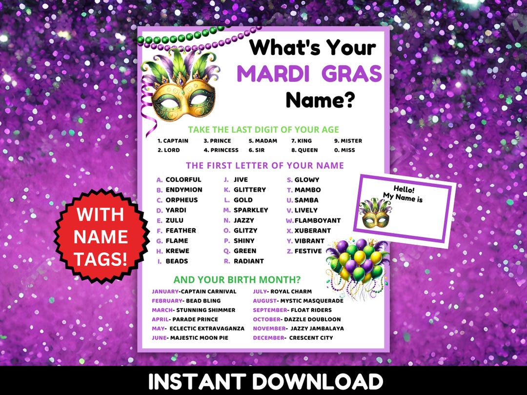 What's Your Mardi Gras Name Game With Name Tags & Mardi Gras Sign ...