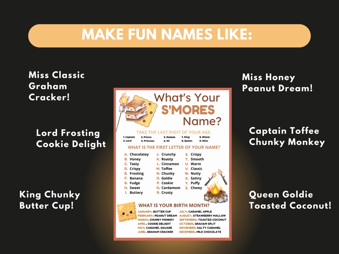 What's Your S'mores Name Game With Name Tags+ Smores Sign, Camp Game, S ...