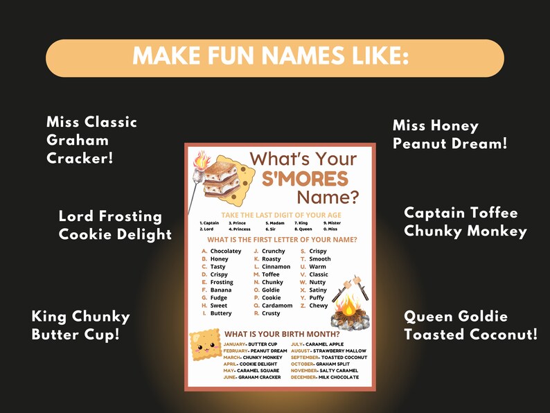 What's Your S'mores Name Game With Name Tags+ Smores Sign, Camp Game, S ...