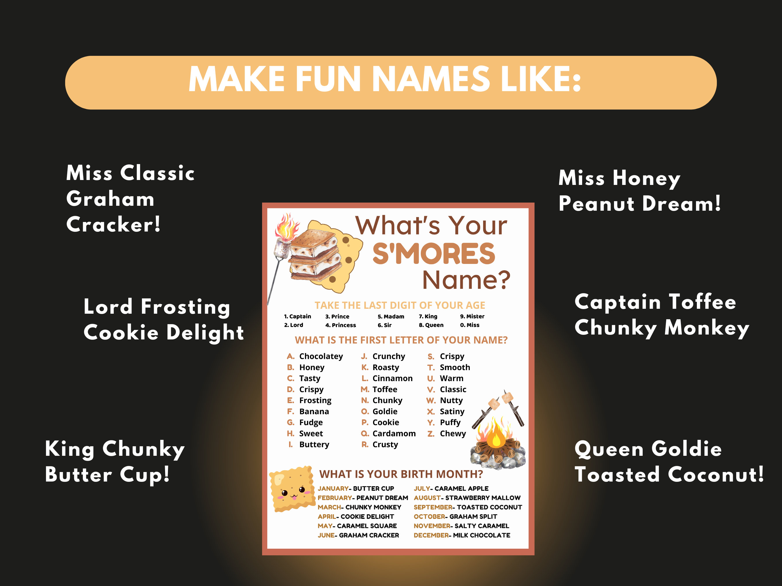 What's Your S'mores Name Game With Name Tags+ Smores Sign, Camp Game, S ...