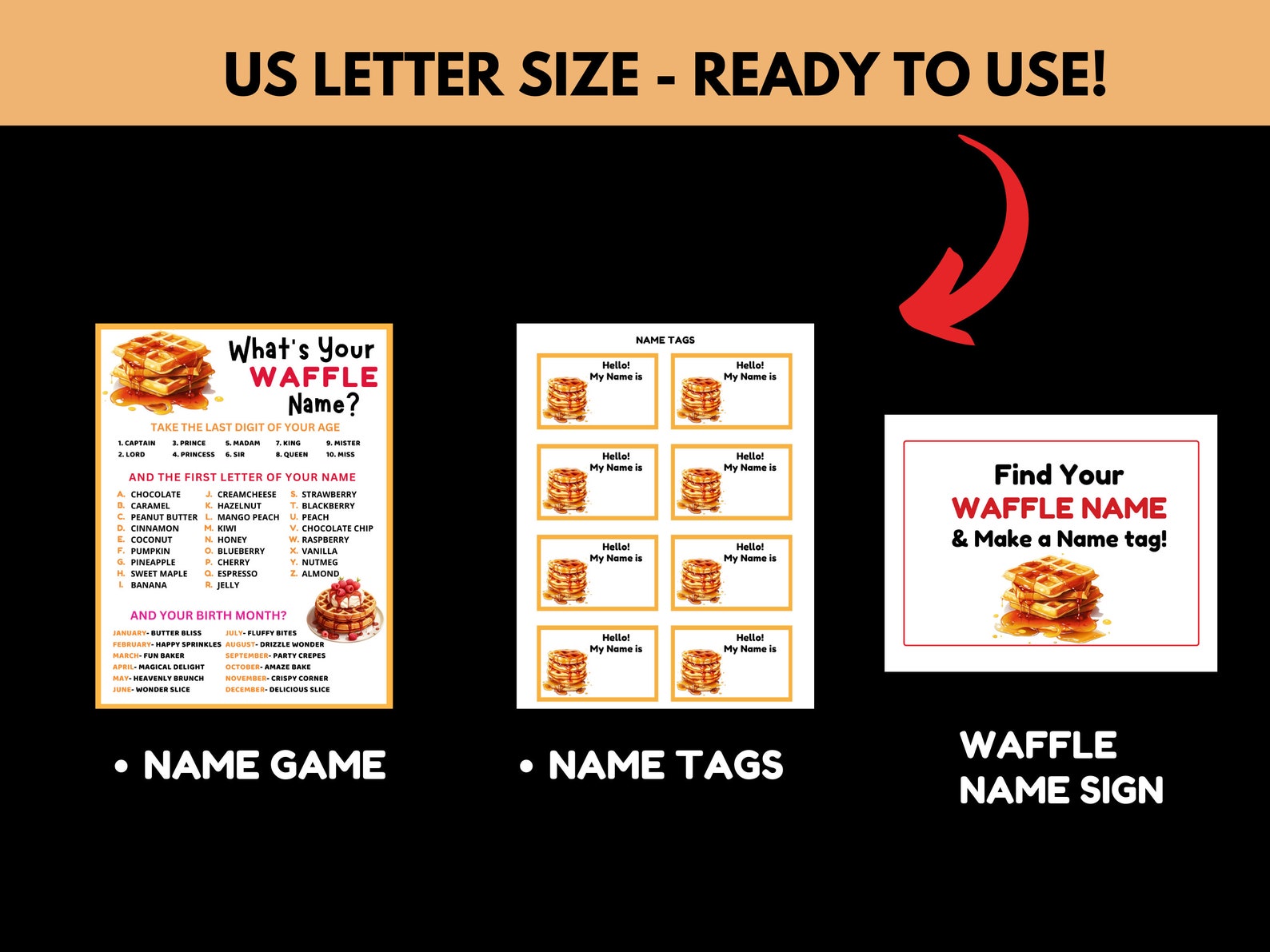 What's Your Waffle Name Game With Name Tags + Waffle Sign, Waffle Party ...