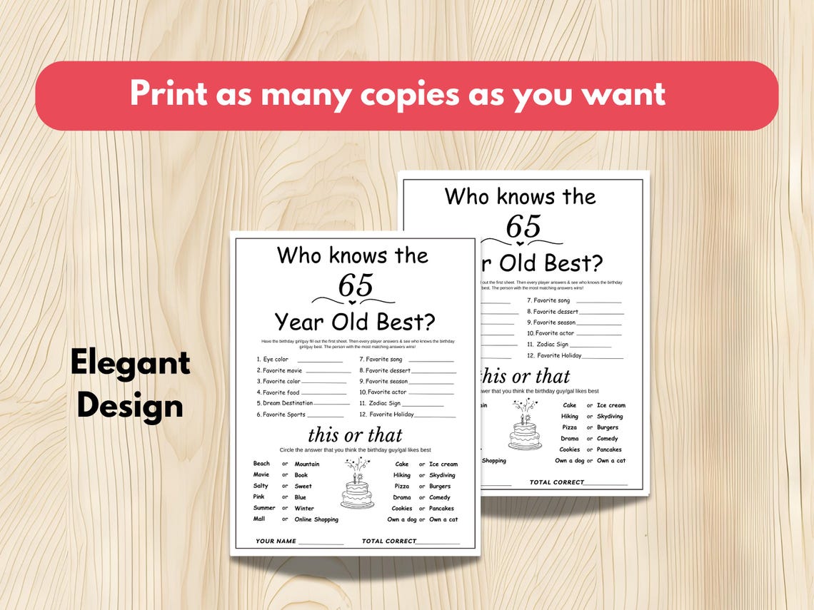 Who Knows the 65 Year Old Best Game, 65th Birthday Game, Printable ...