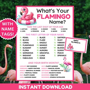 What's Your Flamingo Name Game With Name Tags + Flamingo Sign, Flamingo ...