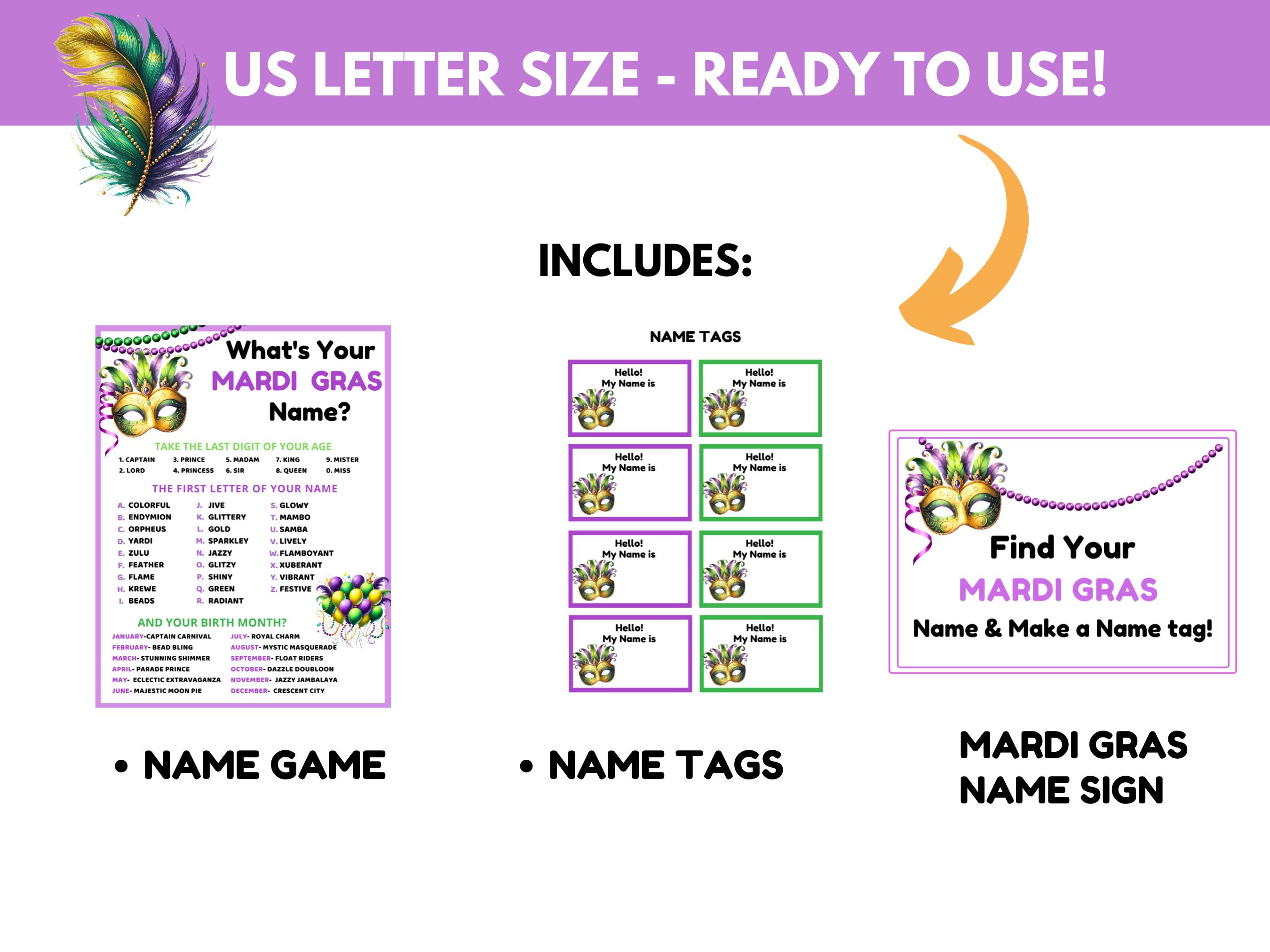 What's Your Mardi Gras Name Game With Name Tags & Mardi Gras Sign ...