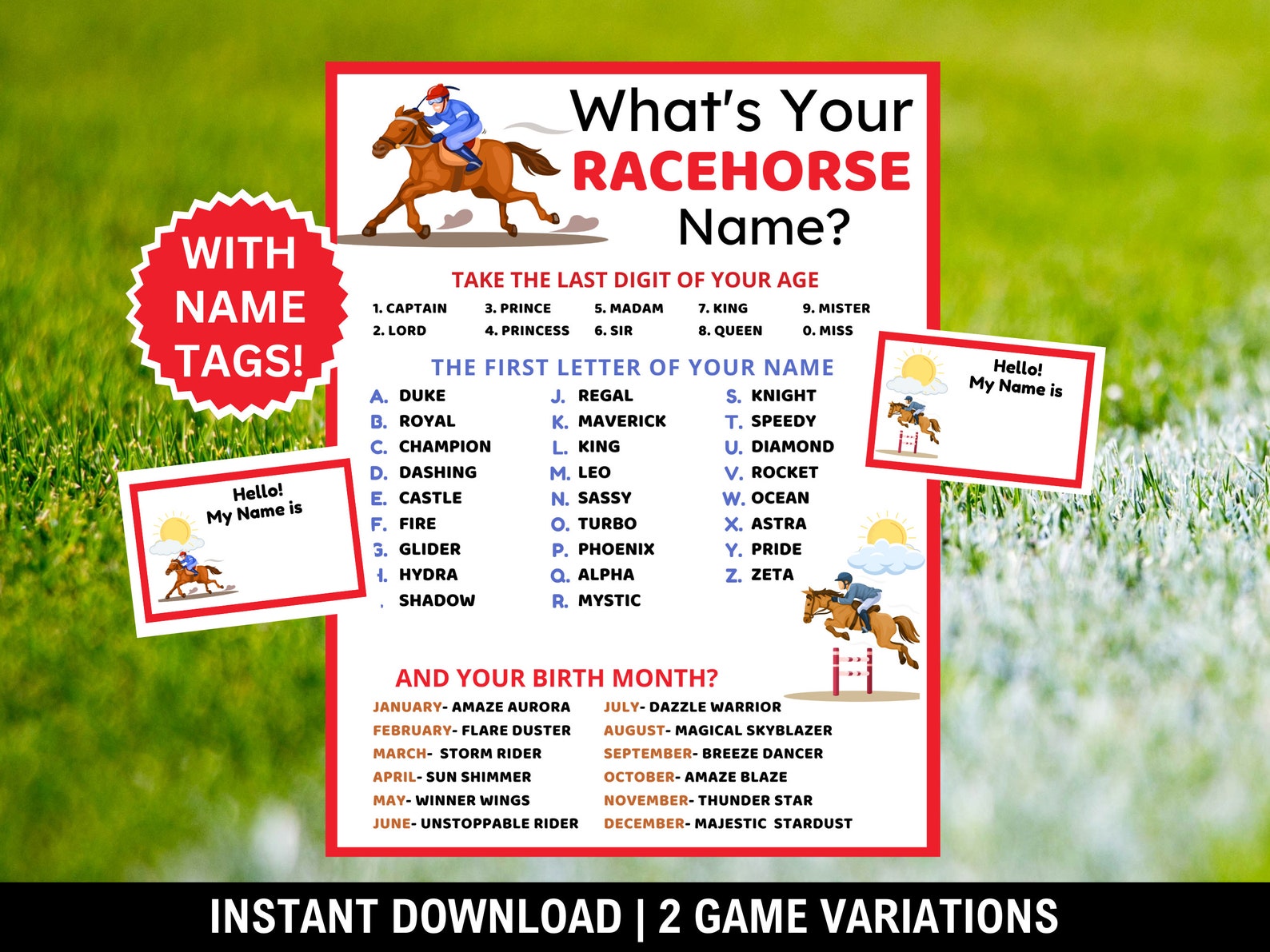 What's Your Race Horse Name Game With Name Tags+ Race Horse Sign, Derby ...