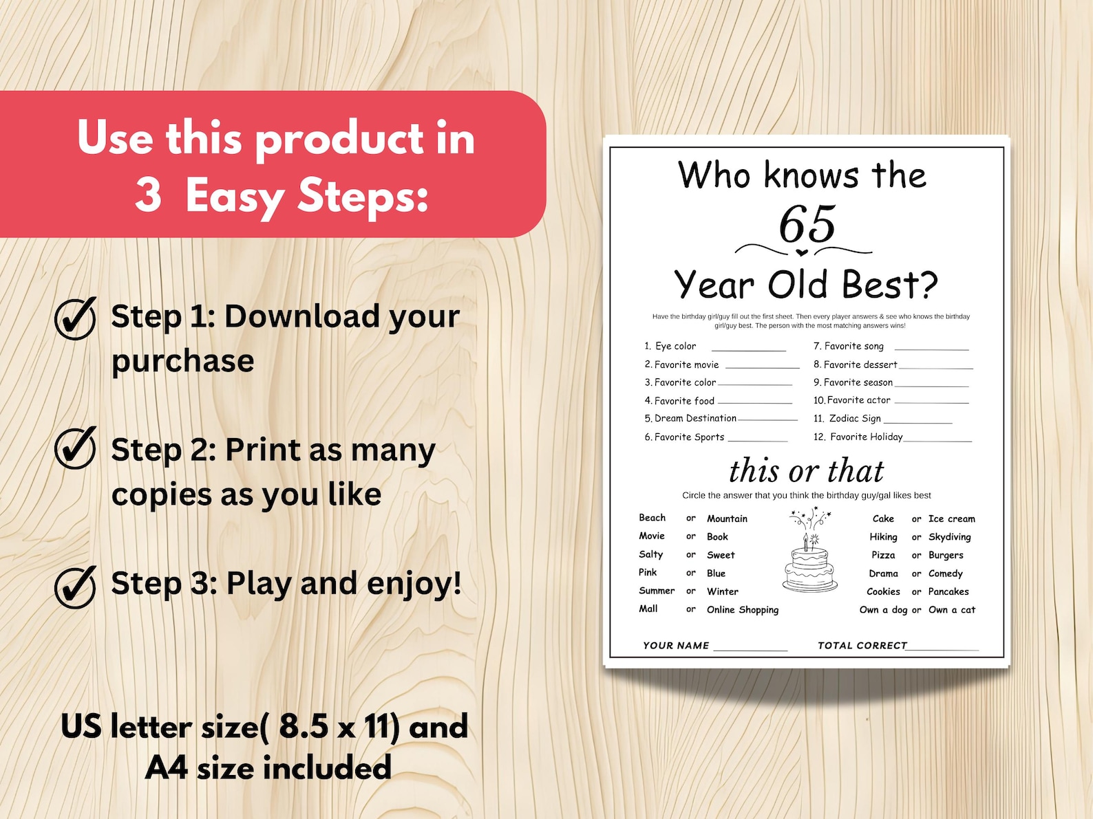 Who Knows the 65 Year Old Best Game, 65th Birthday Game, Printable ...