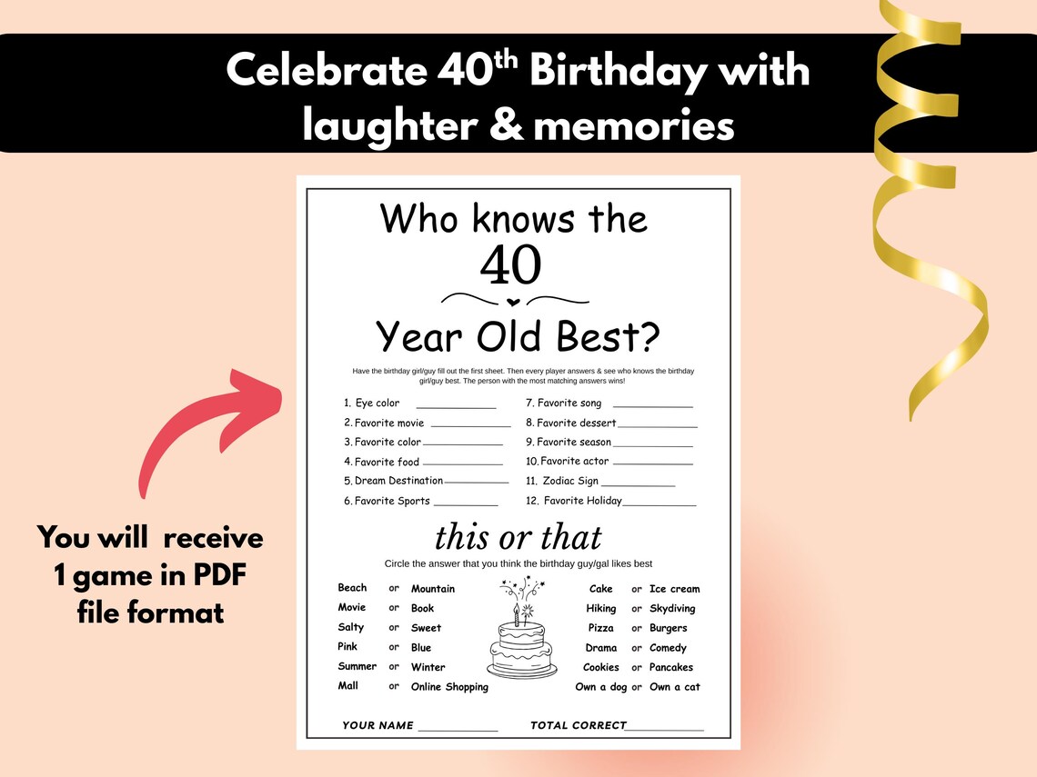 Who Knows the 40 Year Old Best Game, 40th Birthday Game, Printable ...