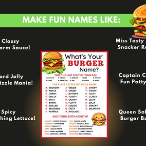 What's Your Burger Name Game With Name Tags & Burger Sign, Burger ...