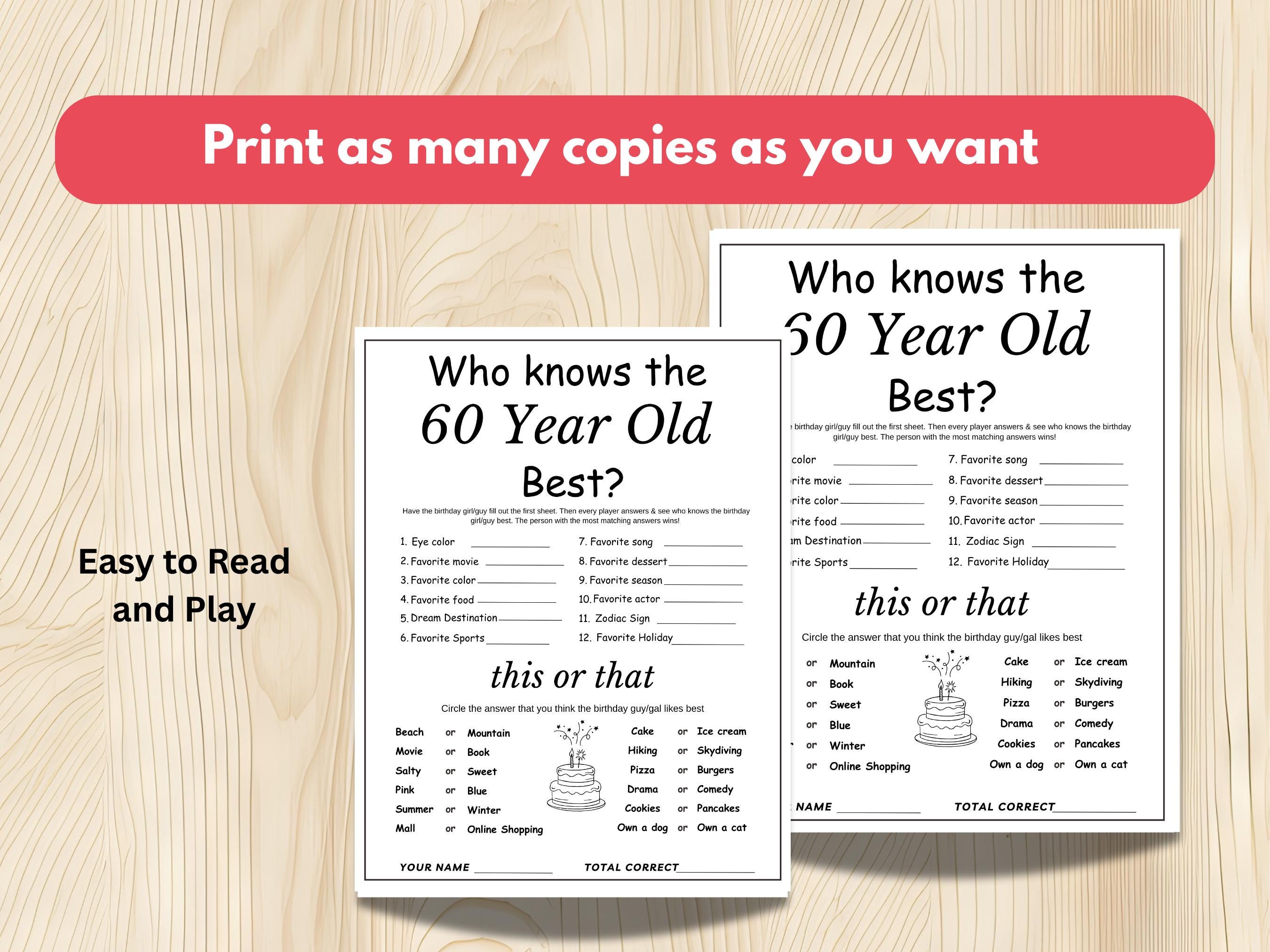 Who Knows the 60 Year Old Best, 60th Birthday Game, Printable, 60th ...