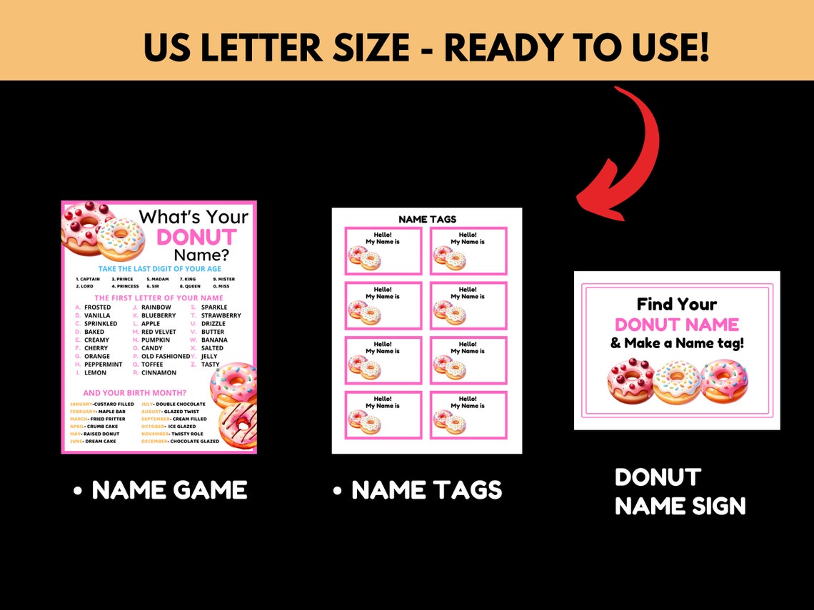 What's Your Donut Name Game With Name Tags + Donut Name Sign, Donut ...