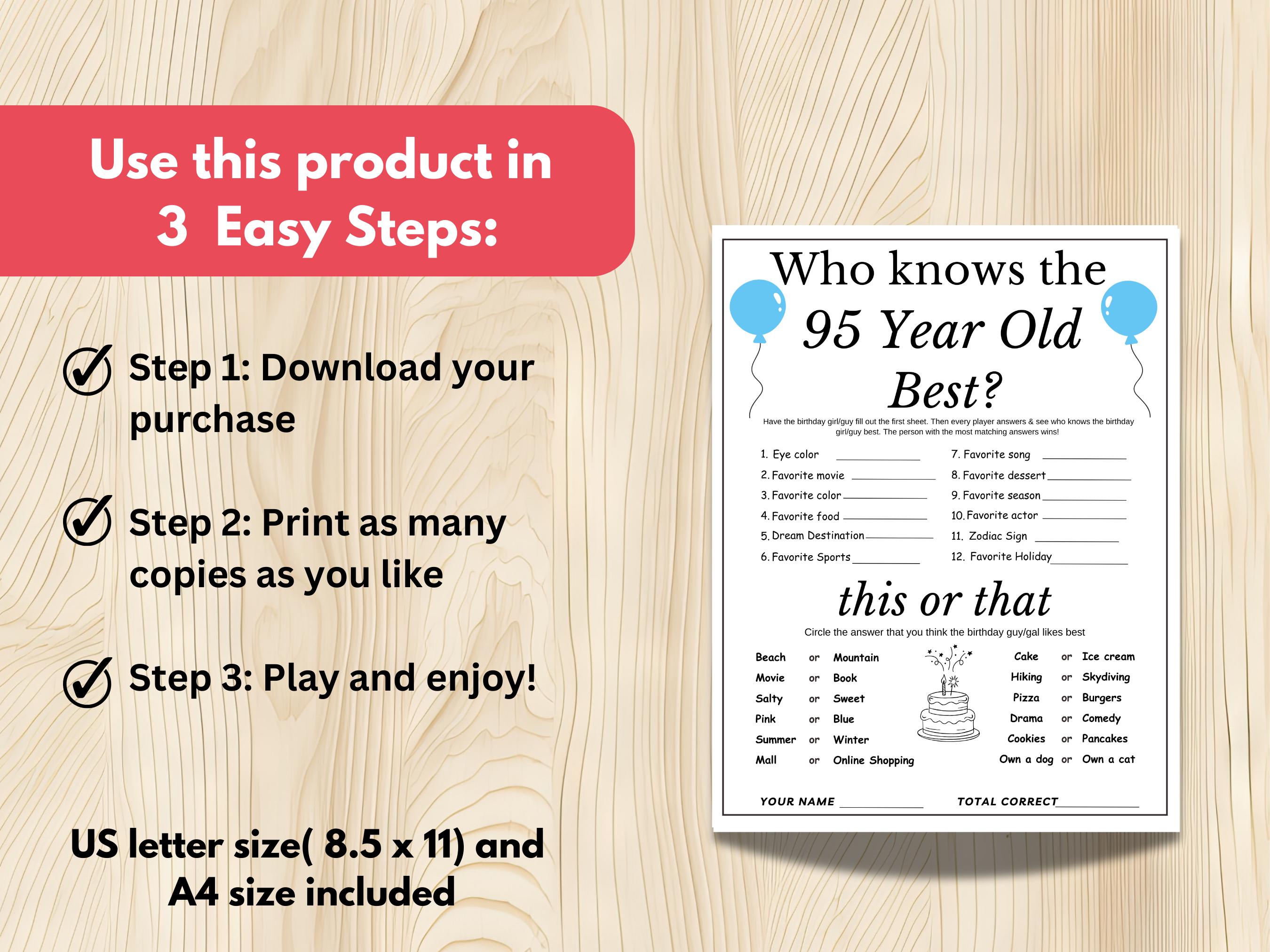 95th Birthday Games, Who Knows the 95 Year Old Best, 95th Party Game ...