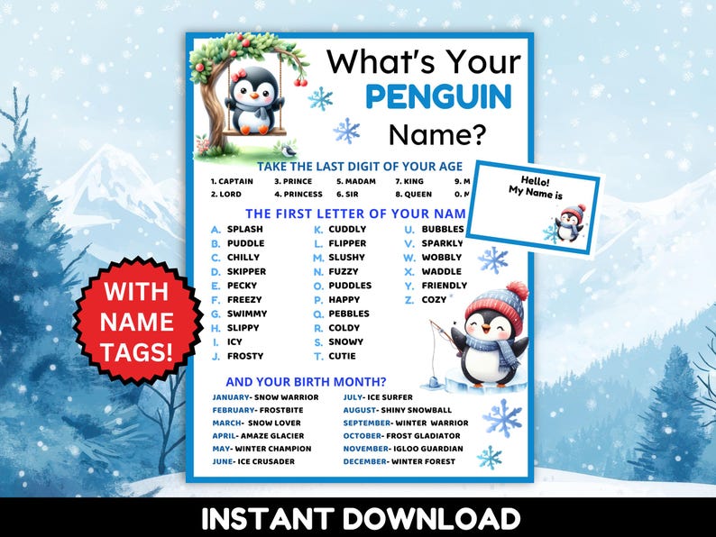 What's Your Penguin Name Game With Name Tags & Penguin Sign, Penguin ...