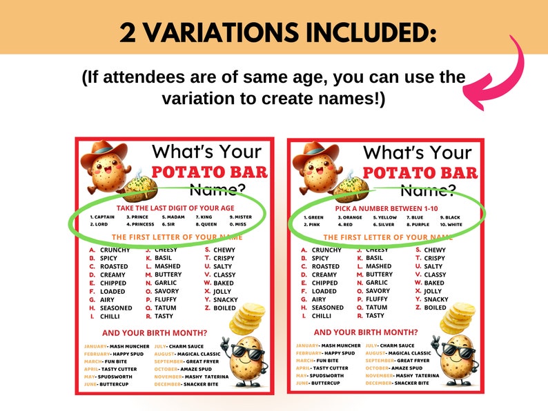 What's Your Potato Bar Name Game With Name Tags+ Sign, Potato Bar Party ...