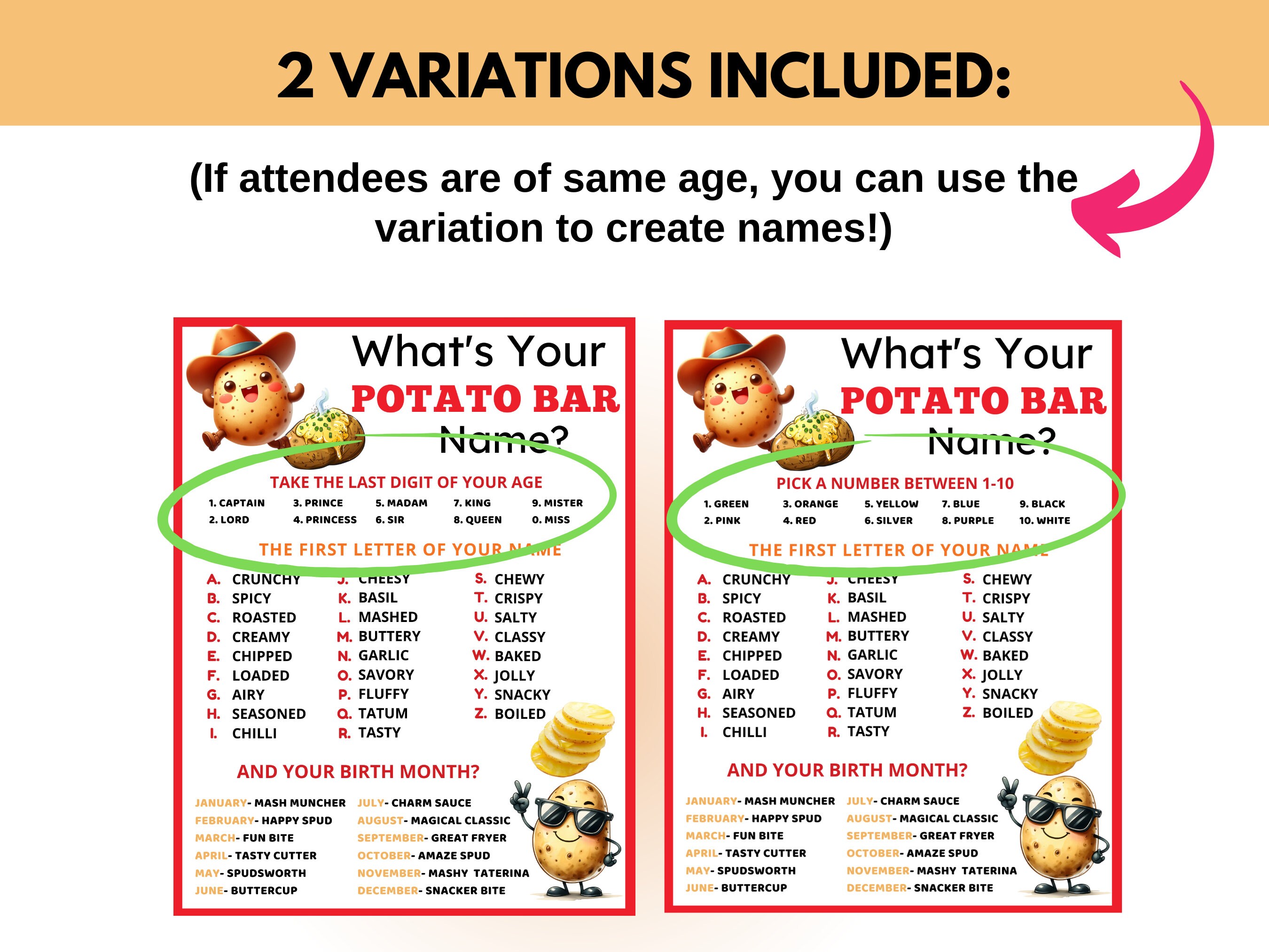 What's Your Potato Bar Name Game With Name Tags+ Sign, Potato Bar Party ...