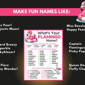 What's Your Flamingo Name Game With Name Tags + Flamingo Sign, Flamingo ...